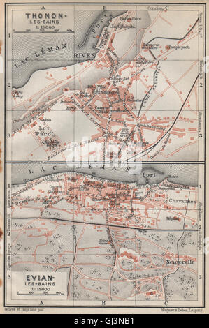EVIAN-LES-BAINS. Karte Stadtplan Vintage Stadt. Haute-Savoie, 1920 ...
