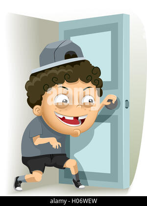 Abbildung: ein Kind Junge Schleichen heraus halten eine stille Zeichen ...