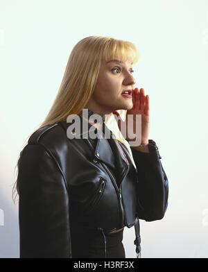 Frau, Ball Lederjacke, Mimik, entsetzt, Porträt, innen, Haare, blond ...