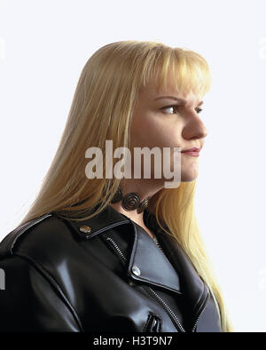 Frau, Ball Lederjacke, Mimik, entsetzt, Porträt, innen, Haare, blond ...