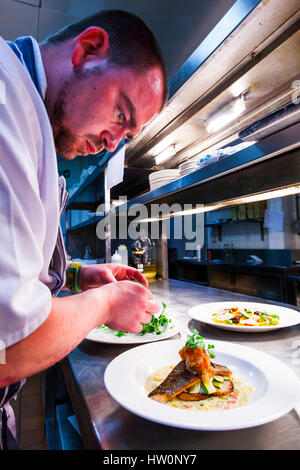 Ein Koch, der in einem Restaurant arbeitet, am Pass, der Teller mit ...