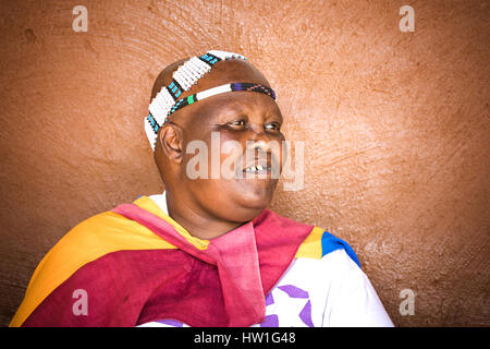Ndebele Frau trägt eine Tracht und Idzilla, Bronze oder Kupfer Halsringe, Südafrika Stockfoto ...