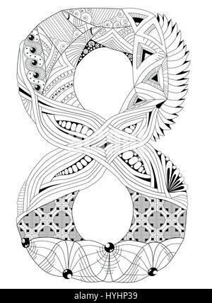 Acht Zahl isoliert zentangle Illustration für die Färbung. Farb- und ...