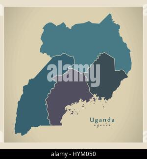 Uganda politische Karte der Verwaltungseinheiten - Bezirke. Farbige 3D-Vektorkarte mit ...
