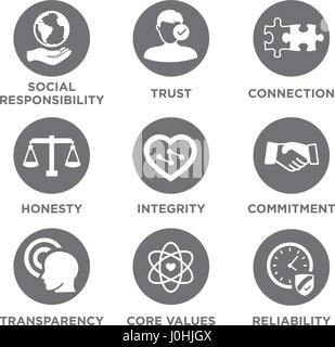 Geschäftsethik solide Icon Set mit Ehrlichkeit, Integrität, Engagement ...