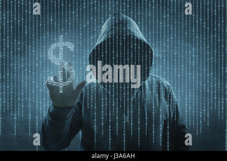 Hacker über einen Bildschirm mit Binärcode und Hacker-Warnmeldungen Stockfotografie - Alamy