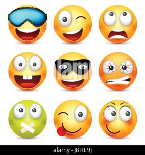 Smiley mit Brille, lächelnd wütend, traurig, glücklich Emoticon. Gelbes ...