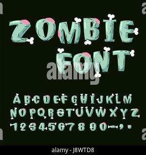 Zombie-Schriftzug. Knochen und Gehirn. Lebende Tote Typografie. Grüne ...