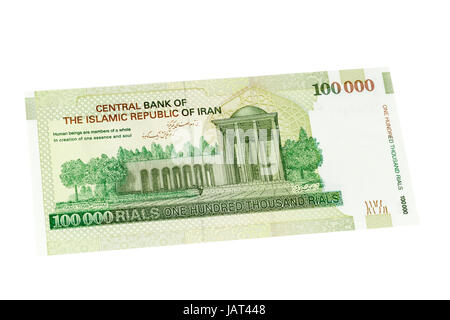 Iranischer Rial hunderttausend Banknote auf weißem Hintergrund ...