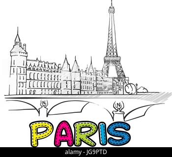 Paris Eiffel Tower Zeichnung mit Schlagzeile. Hand skyline Abbildung ...
