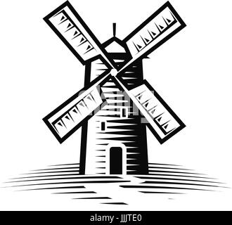 Mühle, Windmühle Logo oder Label. Bäckerei, Backhaus, Brot-Symbol ...