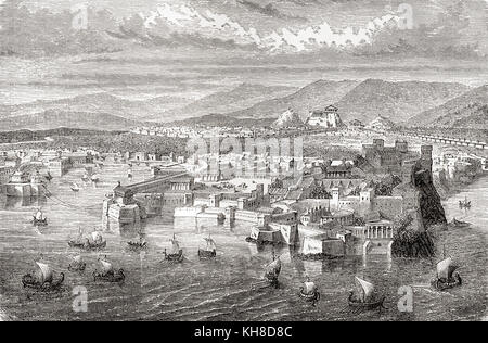 Antiken Griechenland. Athen. Hafen von Piräus. Gravur, gefärbt ...