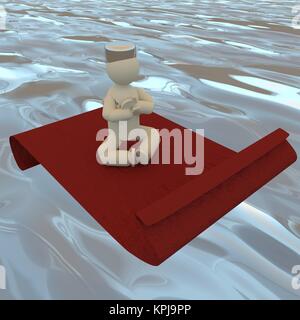 Mann auf einem fliegenden Teppich unten über blauen Himmel mit weißen ...