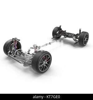 Auto Fahrwerk ohne Motor auf weißem Hintergrund. 3D-Darstellung ...
