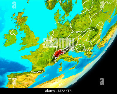 Karte der Schweiz in Rot vom Platz auf dem Planeten Erde bei Nacht mit ...