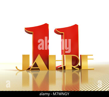 Goldene Zahl elf (Nummer 11) auf weißem Hintergrund mit Schlagschatten ...