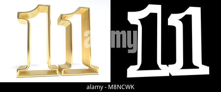 Goldene Zahl elf (Nummer 11) auf weißem Hintergrund mit Schlagschatten ...