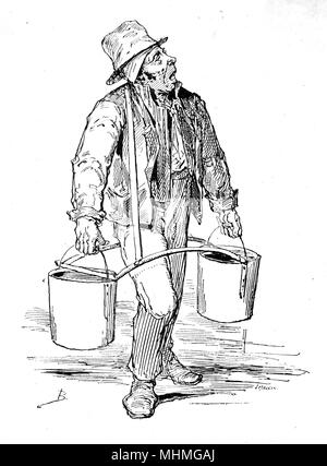 Mann mit Eimer Wasser auf Bambusstab in Hohhot, Hauptstadt der Inneren ...