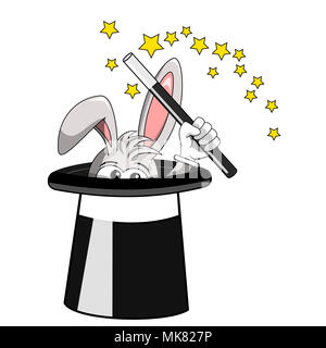 Ein weißes Kaninchen Magier Zeichentrickfigur trägt einen Hut und einen ...