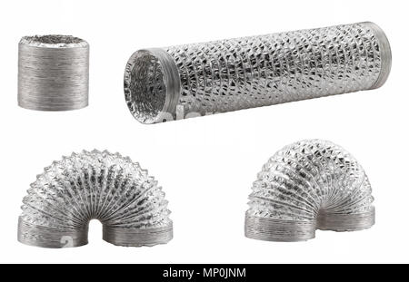 Flexible Luftleitung aus Aluminium Folie auf weißem Hintergrund. Serie ...