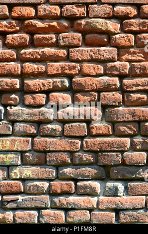 Die senkrechte Wand Textur aus mehreren Zeilen der sehr alten Mauerwerk aus rotem Backstein ...