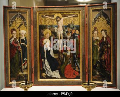 Kreuzigung mit Maria, Mary Magdalene und Johannes unter dem Kreuz, 1485. Triptychon von Meister ...