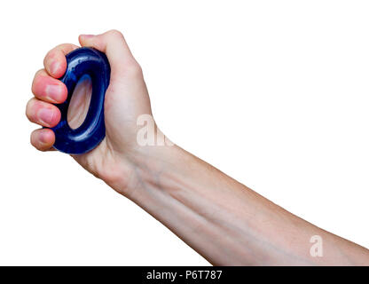Des Menschen Hand mit einem Ring aus Gummi als Hand Expander verwendet ...
