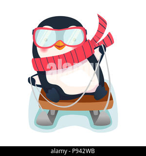 Pinguin auf den Schlitten. Penguin Cartoon Illustration. Aktivität im ...