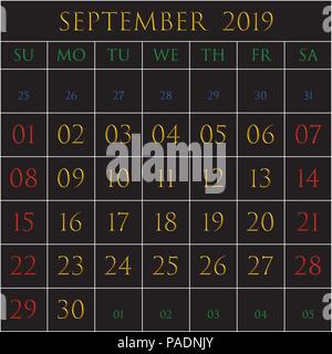 2019 Kalender für den Monat September auf weißem Hintergrund Rechtecke ...