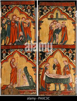 Die Kreuzabnahme (L) und die Grablegung des Christ (R). Detail des Altars von ca. 1480 von ...