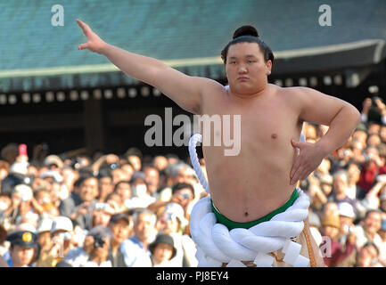 Mongolischen Sumo-ringer Hakuho, tragen zeremonielle Seil Gurt ist ein ...
