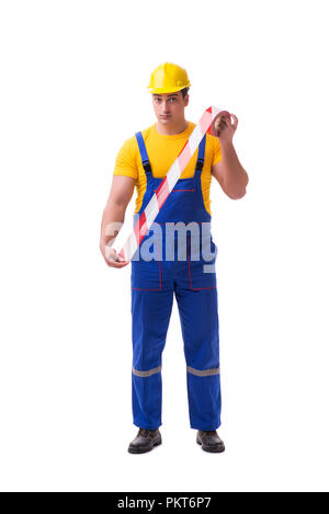 Lustige Arbeitnehmer Schutzanzüge tragen mit Klebeband Stockfotografie ...