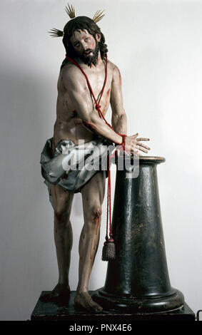 Christus geißeln; Leiden Christi. Christus ist an eine Säule gebunden und von zwei Soldaten mit ...