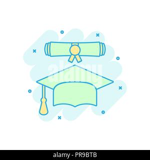 Cartoon farbige Diplom gerollt Bildlaufsymbol im Comic-stil. Absolvent ...