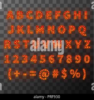 Vegas-Schriftart. Leuchtende Lampe Briefe. Retro-Alphabet mit Lampen. Vintage show ABC mit ...