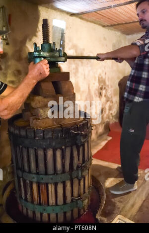 Hölzerne Weinpresse mit roten muss zum Pressen von Trauben zu Wein zu ...