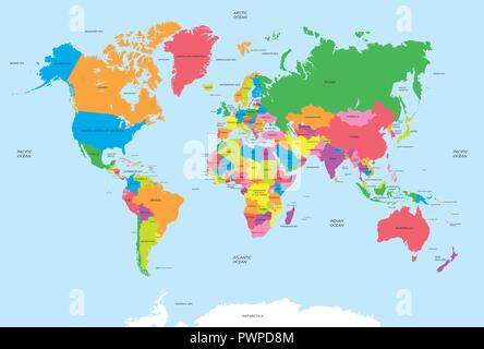 Politische Weltkarte der Welt, Hauptstädte und Großstadt enthalten ...