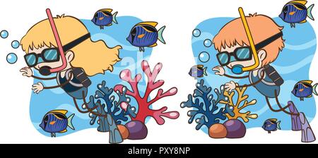 Eine Cartoon-Illustration von einem Taucher Mädchen stehen und Lächeln ...