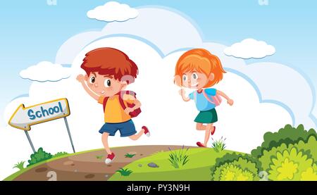 Junge zur Schule gehen, für Bildung Konzept. Hand Cartoon Stil gezeichnet. Vektor Cartoon ...