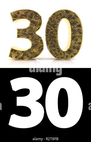 Goldene Zahl 30 (Nummer 30) auf weißem Hintergrund mit Schlagschatten ... Goldene Zahl 30 (Nummer 30) auf weißem Hintergrund mit Schlagschatten ...