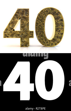 Goldene Zahl 40 (Nummer 40) auf weißem Hintergrund mit Schlagschatten ...