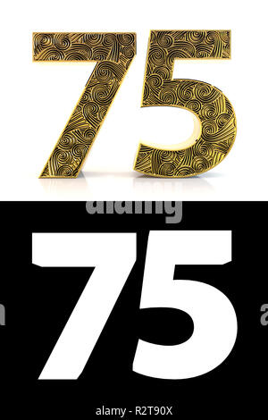 Goldene Zahl 75 (Nummer 75) auf weißem Hintergrund mit Schlagschatten ...