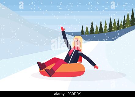 Mädchen-Rodeln-flache Vektor-Illustration. Ein Kind geht auf einem ...