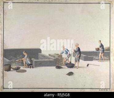 Herstellung von Gusseisen in China. c 1820. Sammeln gemeinsam Reste der ...