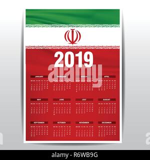 Kalender 2019 Iran Flagge Hintergrund. Englische Sprache Stock ...