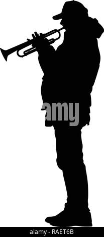 Trompeter Line Art isolierte Illustration. Trompeter spielt Musik mit ...