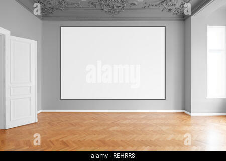 Leere Leinwand mockup an der Wand. Projektion, Licht in der Dunkelheit ...