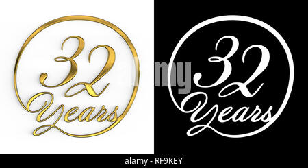 Goldene Zahl 32 (Nummer 32) auf weißem Hintergrund mit Schlagschatten ...
