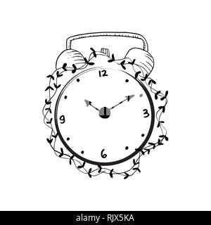 Hand gezeichnet Wecker auf weißem Hintergrund. Vector Illustration ...