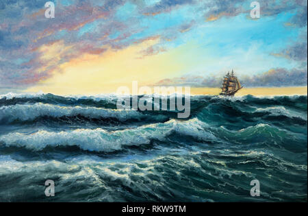 Original Ölgemälde mit Schiff oder Boot im Ozean oder Meer auf Leinwand ...